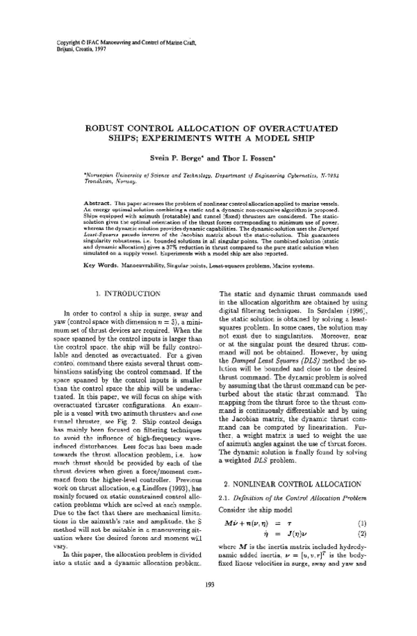 (PDF) Robust Control Allocation of Overactuated Ships; Experiments with a Model Ship