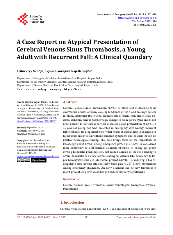 (PDF) A Case Report on Atypical Presentation of Cerebral Venous Sinus Thrombosis, a Young Adult ...