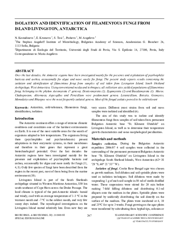 (PDF) Isolation and Identification of Filamentous Fungi from Island Livingston, Antarctica