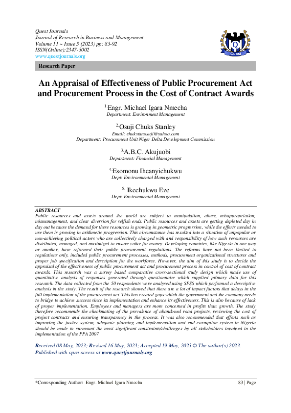 (PDF) An Appraisal of Effectiveness of Public Procurement Act and ...