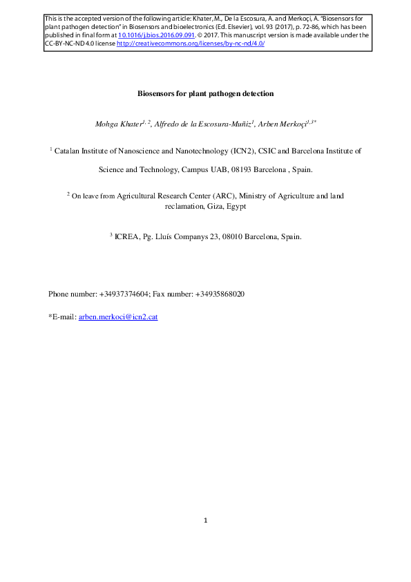 (PDF) Biosensors for plant pathogen detection