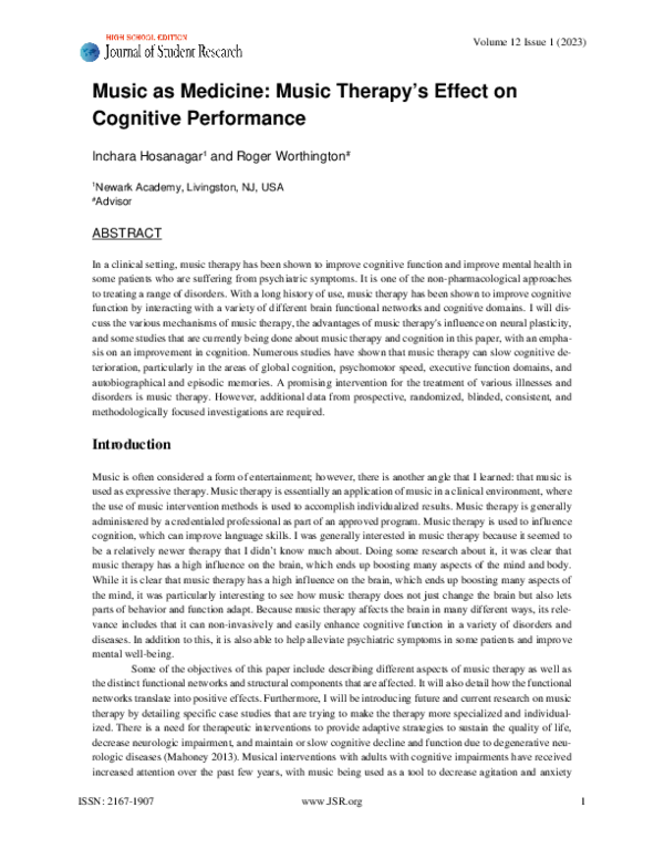 (PDF) Music as Medicine: Music Therapy’s Effect on Cognitive Performance