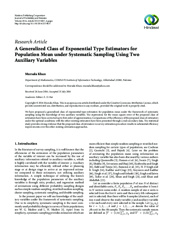 Pdf A Generalized Class Of Exponential Type Estimators For Population