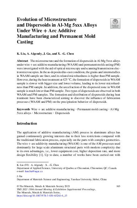 (PDF) Evolution of Microstructure and Dispersoids in Al-Mg 5xxx Alloys Under Wire + Arc Additive ...