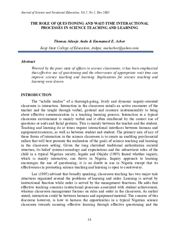 (PDF) THE ROLE OF QUESTIONING AND WAIT-TIME INTERACTIONAL PROCESSES IN ...
