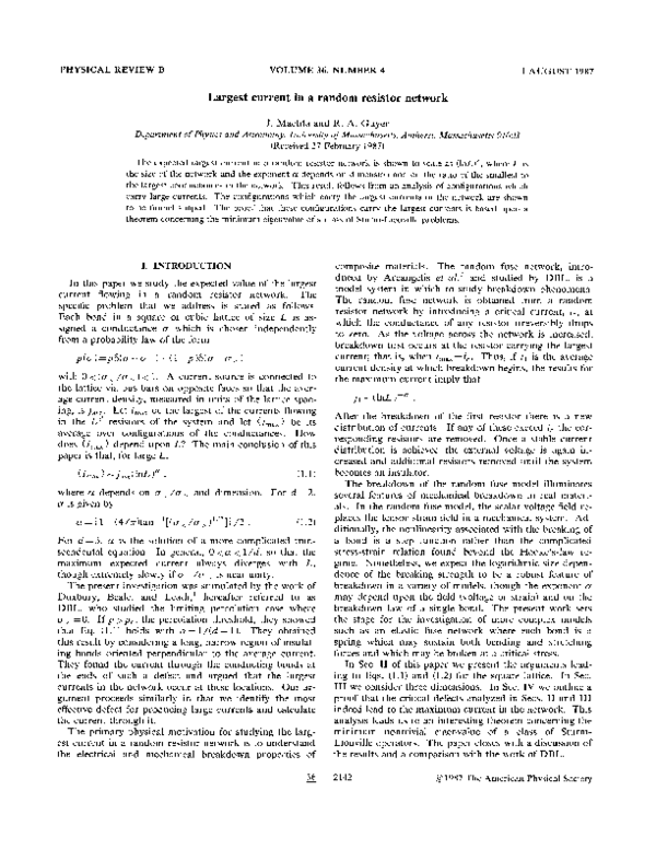 Pdf Largest Current In A Random Resistor Network Robert Guyer