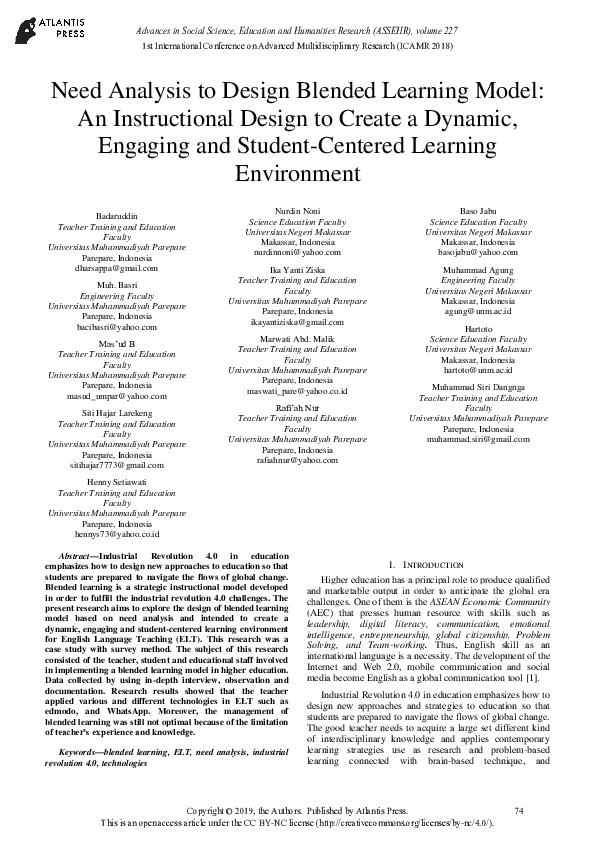 (PDF) Need Analysis to Design Blended Learning Model: An Instructional Design to Create a ...