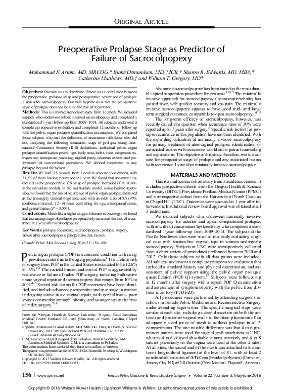 (PDF) Preoperative Prolapse Stage as Predictor of Failure of Sacrocolpopexy