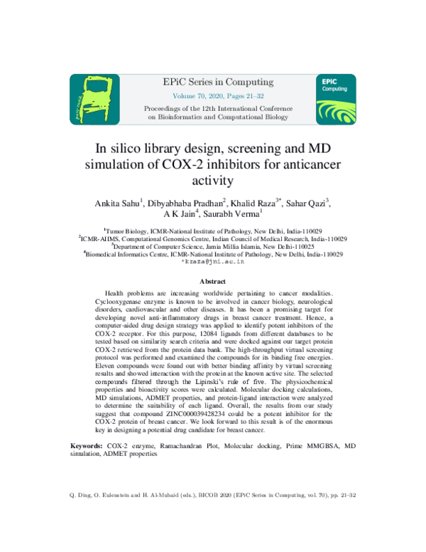 (PDF) In silico library design, screening and MD simulation of COX-2 inhibitors for anticancer ...
