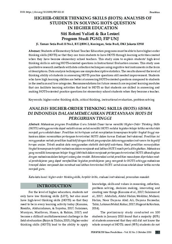 (PDF) Higher-Order Thinking Skills (Hots) Analysis of Students in ...