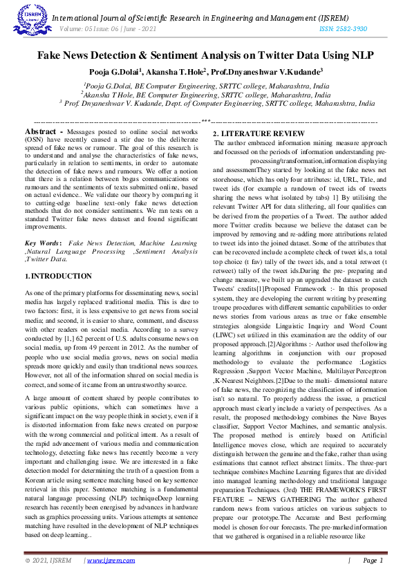 Pdf Fake News Detection And Sentiment Analysis On Twitter Data Using Nlp