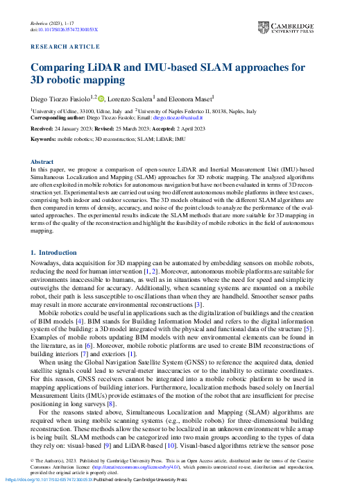 (PDF) Comparing LiDAR and IMU-based SLAM approaches for 3D robotic mapping