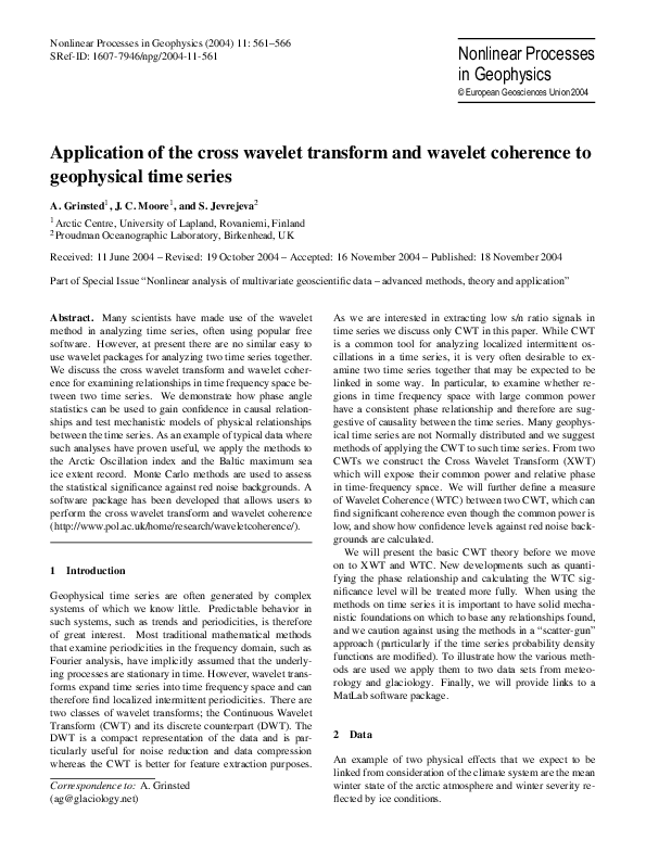 (PDF) Application of the cross wavelet transform and wavelet coherence to geophysical time series