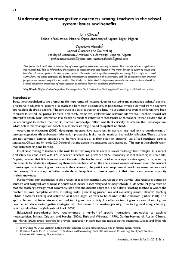 Pdf Understanding Metacognitive Awareness Among Teachers In The School System Issues And Benefits