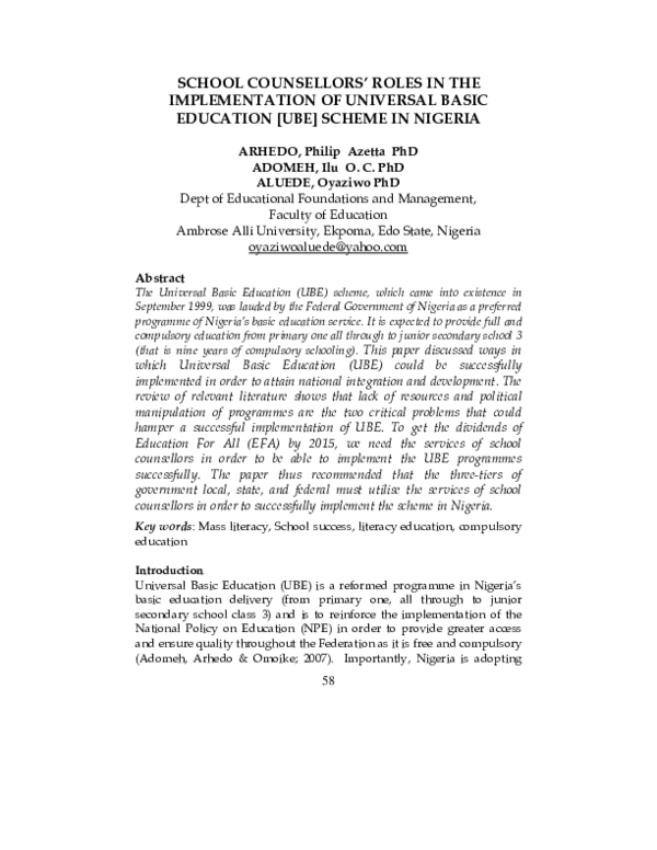 (PDF) School counsellors’ roles in the implementation of universal basic education [UBE] scheme ...