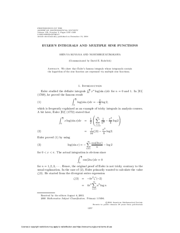 (PDF) Euler’s integrals and multiple sine functions | Shin-ya Koyama - Academia.edu