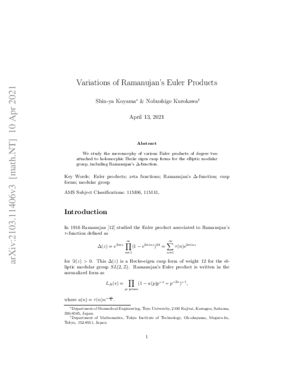 (PDF) Variations of Ramanujan’s Euler Products