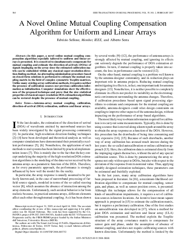 Pdf A Novel Online Mutual Coupling Compensation Algorithm For Uniform And Linear Arrays