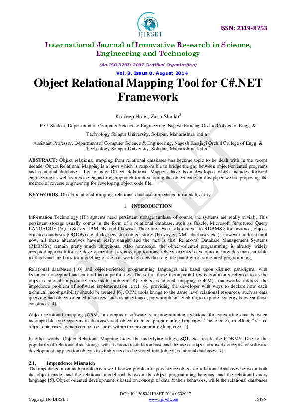 (PDF) Object Relational Mapping Tool for C#.NET Framework