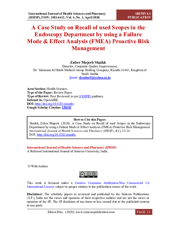 (PDF) A Case Study on Recall of used Scopes in the Endoscopy Department by using a Failure Mode ...