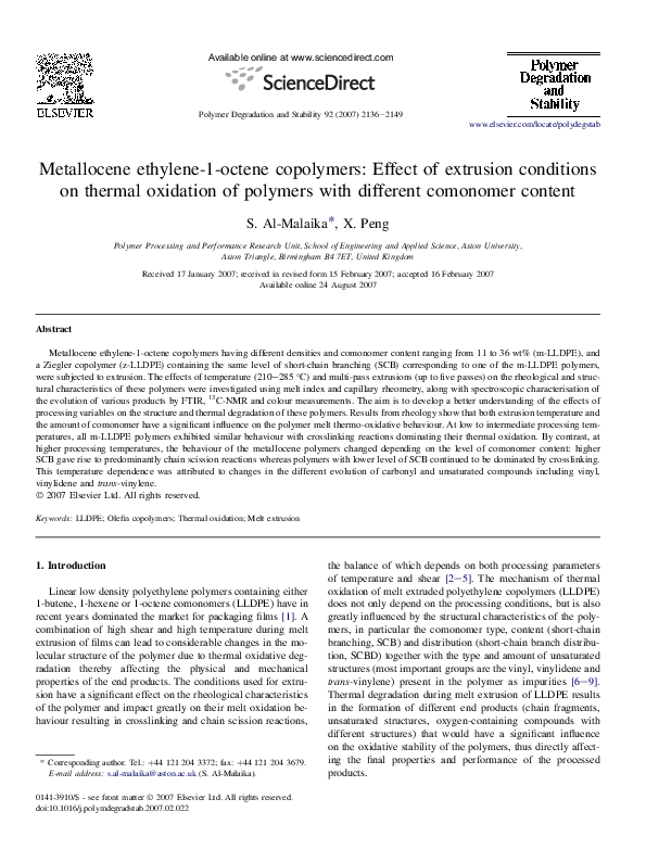 (PDF) Metallocene ethylene-1-octene copolymers: Effect of extrusion ...