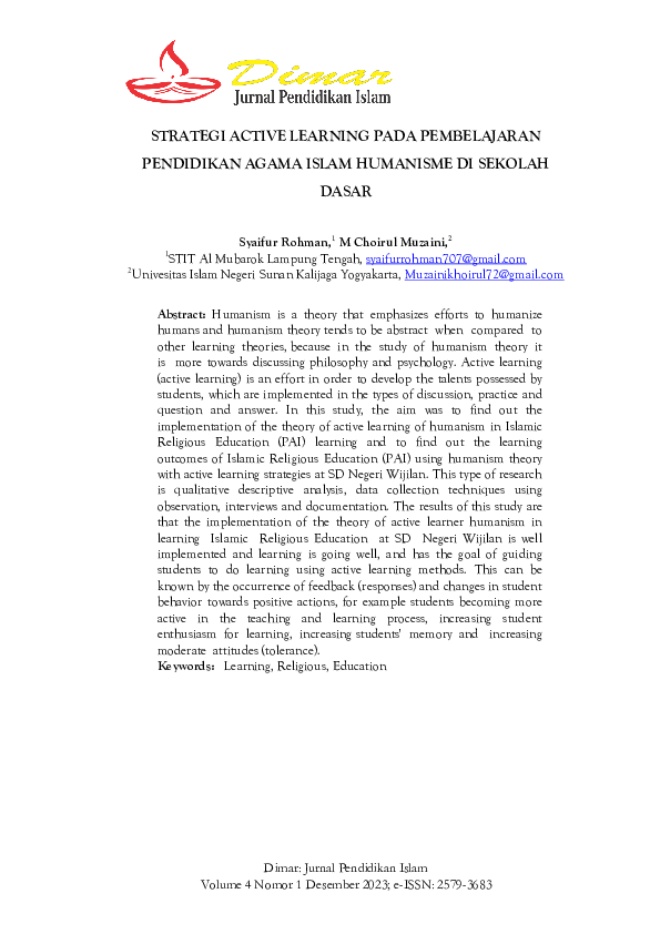 (PDF) Strategi Active Learning pada Pembelajaran Pendidikan Agama Islam Humanisme di Sekolah Dasar