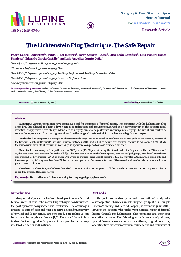 (PDF) The Lichtenstein Plug Technique: The Safe Repair