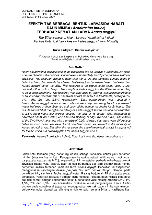 (PDF) EFEKTIVITAS BERBAGAI BENTUK LARVASIDA NABATI DAUN MIMBA ...