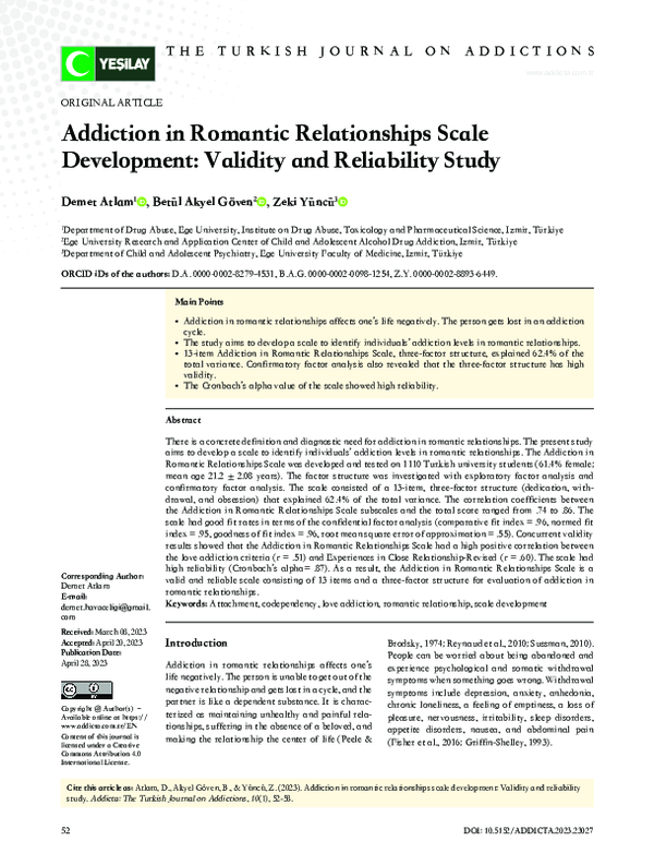 (PDF) Addiction in Romantic Relationships Scale Development: Validity and Reliability Study