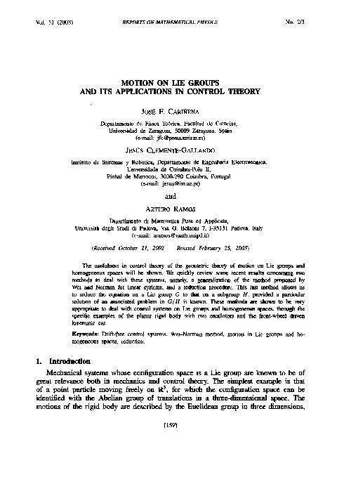 (PDF) Motion on lie groups and its applications in control theory | José Fernando Cariñena ...