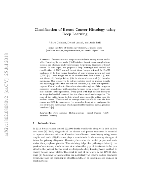 Pdf Classification Of Breast Cancer Histology Using Deep Learning Deepak Anand