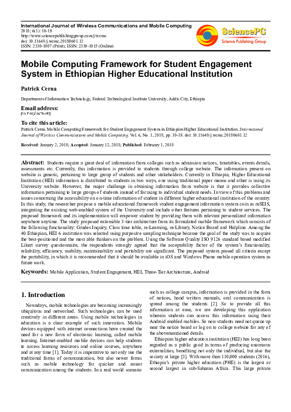 (PDF) Mobile Computing Framework for Student Engagement System in Ethiopian Higher Educational ...