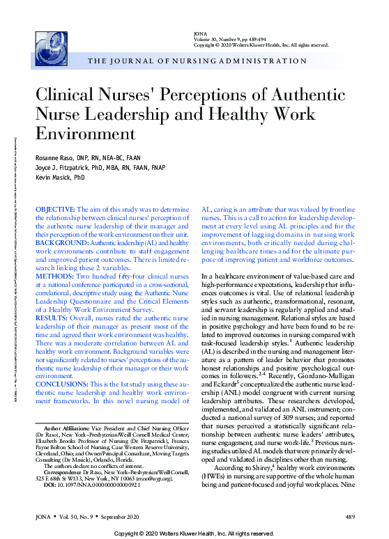 (PDF) Clinical Nurses' Perceptions of Authentic Nurse Leadership and Healthy Work Environment