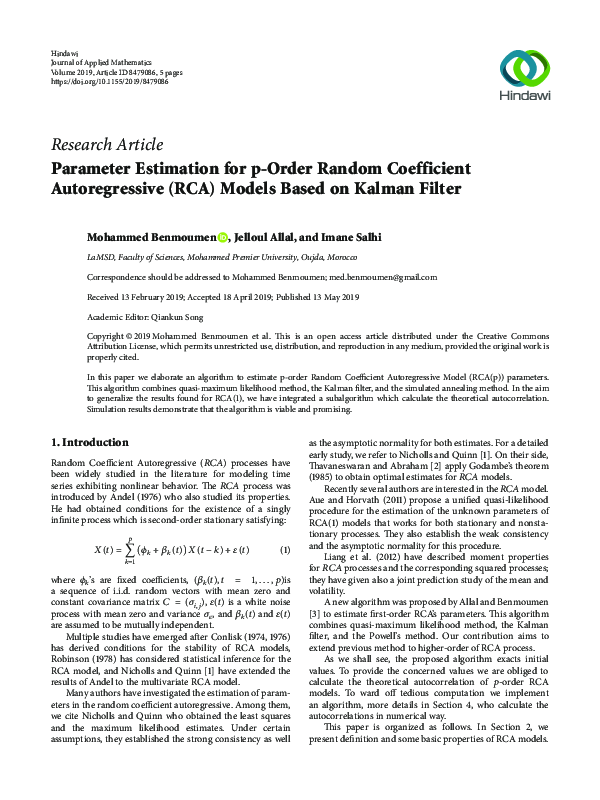 Pdf Parameter Estimation For P Order Random Coefficient Autoregressive Rca Models Based On