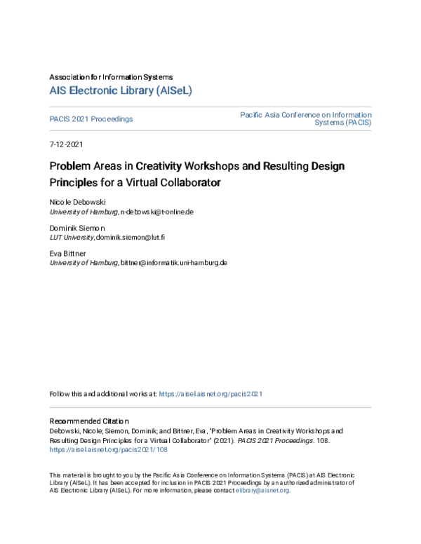 (PDF) Problem Areas in Creativity Workshops and Resulting Design ...