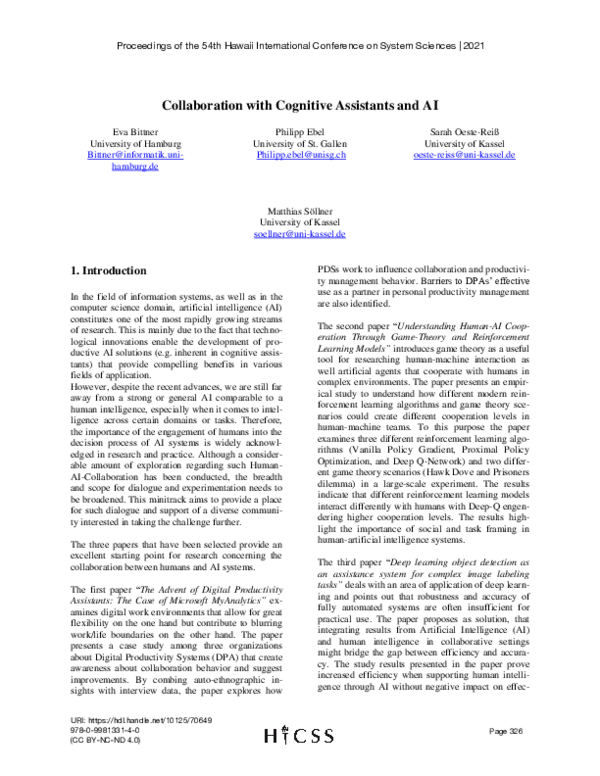 (PDF) Introduction to the Minitrack on Collaboration with Cognitive Assistants and AI