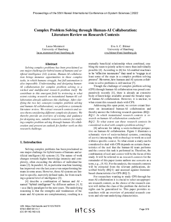 (PDF) Complex Problem Solving through Human-AI Collaboration: Literature Review on Research Contexts