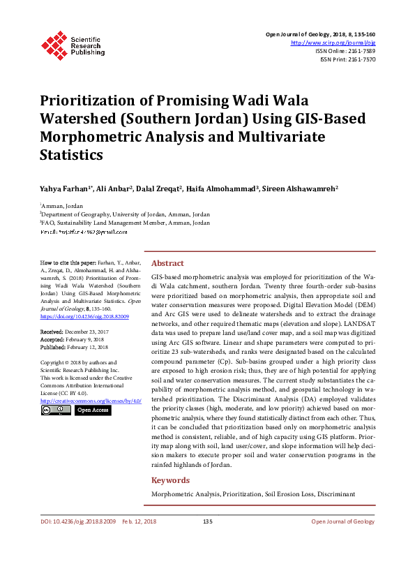 (PDF) Prioritization of Promising Wadi Wala Watershed (Southern Jordan) Using GIS-Based ...