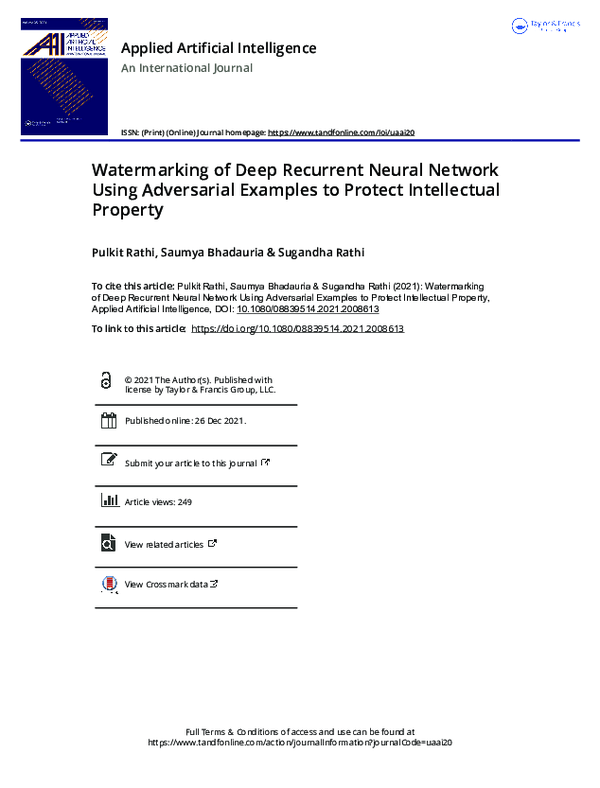 (PDF) Watermarking of Deep Recurrent Neural Network Using Adversarial Examples to Protect ...