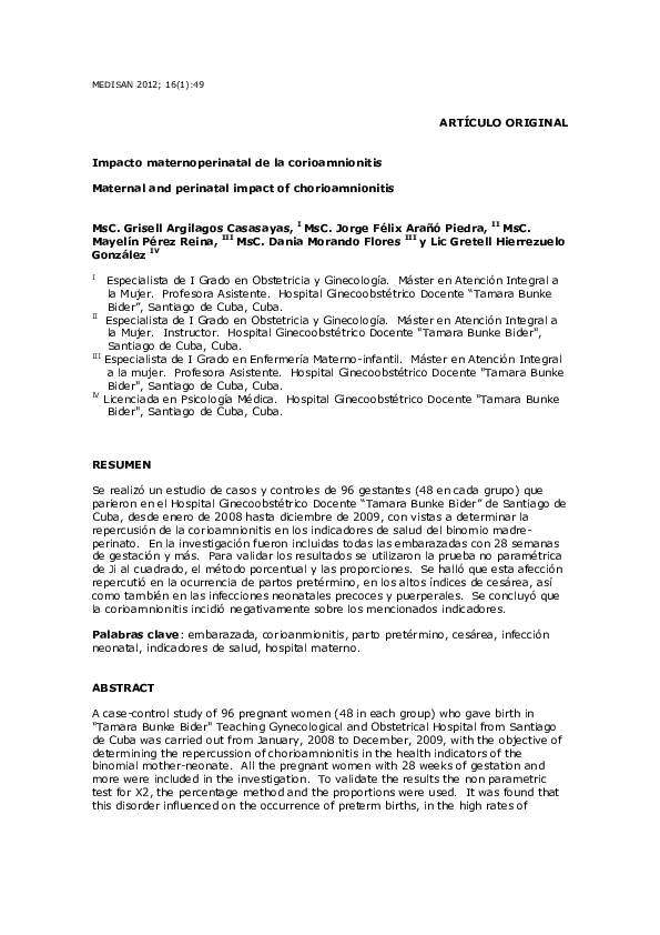 (PDF) Impacto maternoperinatal de la corioamnionitis | Mayelin Perez ...