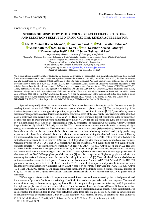 (PDF) Studies of Dosimetry Protocols for Accelerated Photons and Electrons Delivered from ...