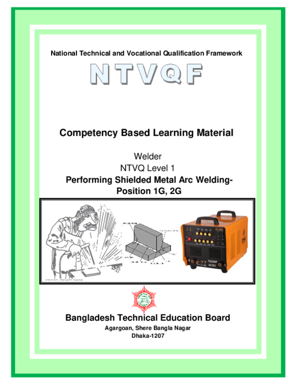 (PDF) CBLM BTEB L1 Welding - Perform Shielded Metal Arc Welding (SMAW)- Positions 1G and 2G
