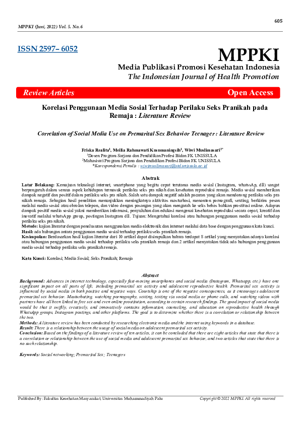 (PDF) Korelasi Penggunaan Media Sosial Terhadap Perilaku Seks Pranikah pada Remaja : Literature ...