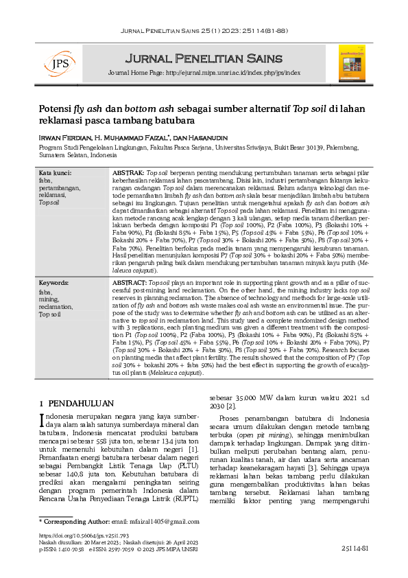 (PDF) Potensi Fly Ash dan Bottom Ash Sebagai Sumber Alternatif Top Soil di Lahan Reklamasi Pasca ...
