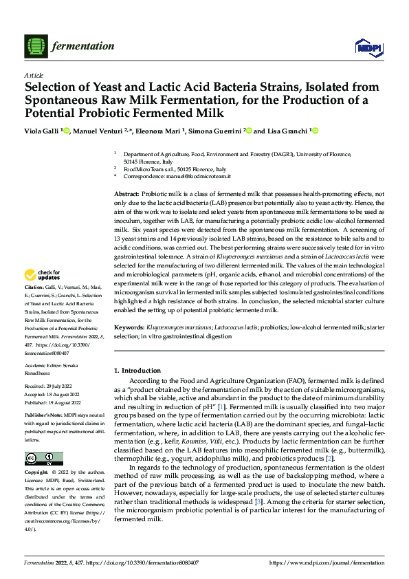(PDF) Selection of Yeast and Lactic Acid Bacteria Strains, Isolated from Spontaneous Raw Milk ...