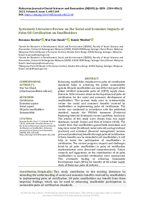 Systematic Literature Review on the Social and Economic Impacts of Palm ...