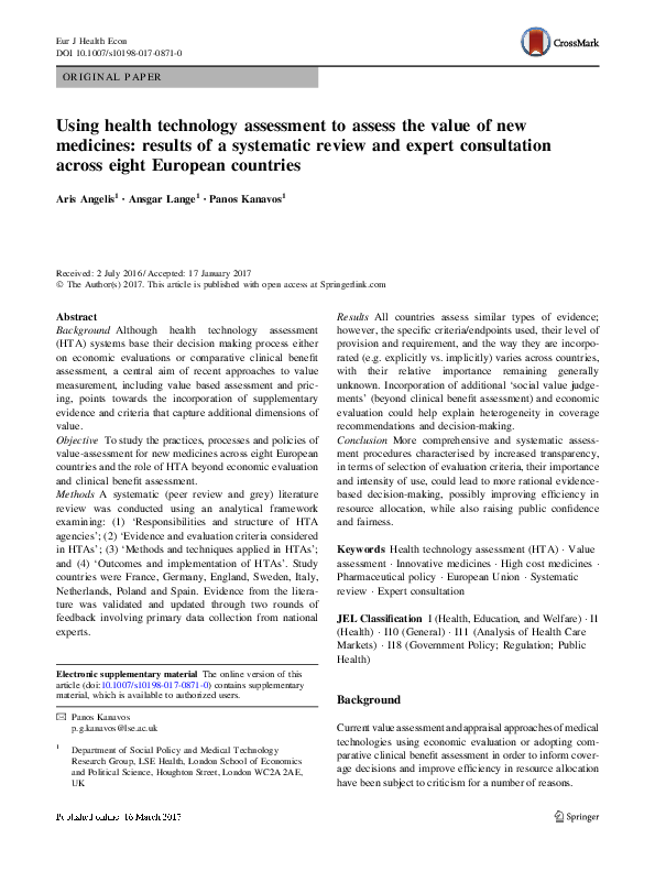 (PDF) Using health technology assessment to assess the value of new medicines: results of a ...