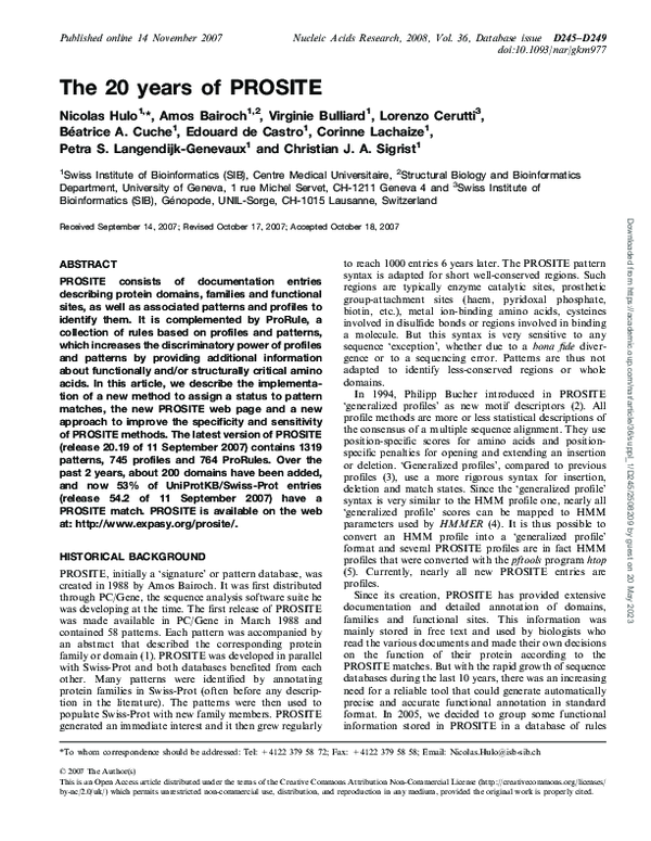 (PDF) The 20 years of PROSITE | Eduardo De Castro - Academia.edu