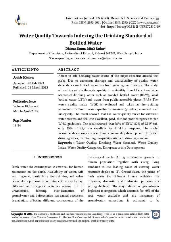 (PDF) Water Quality Towards Indexing the Drinking Standard of Bottled Water