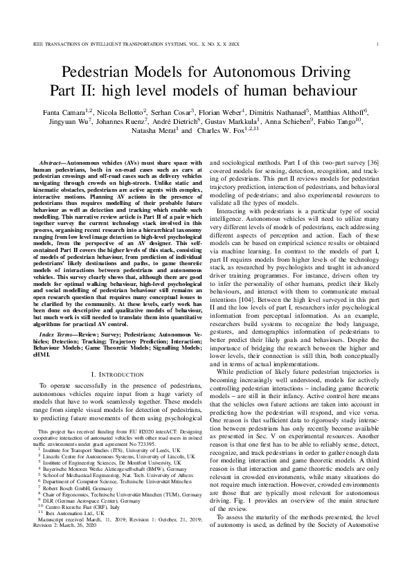 (PDF) Pedestrian Models for Autonomous Driving Part II: High-Level ...